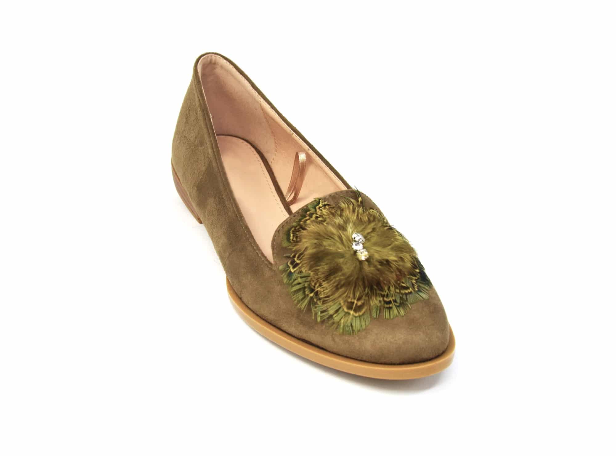 SHP107 * Mocassins Slippers Effet Daim Kaki avec Multi Plumes Paon ...