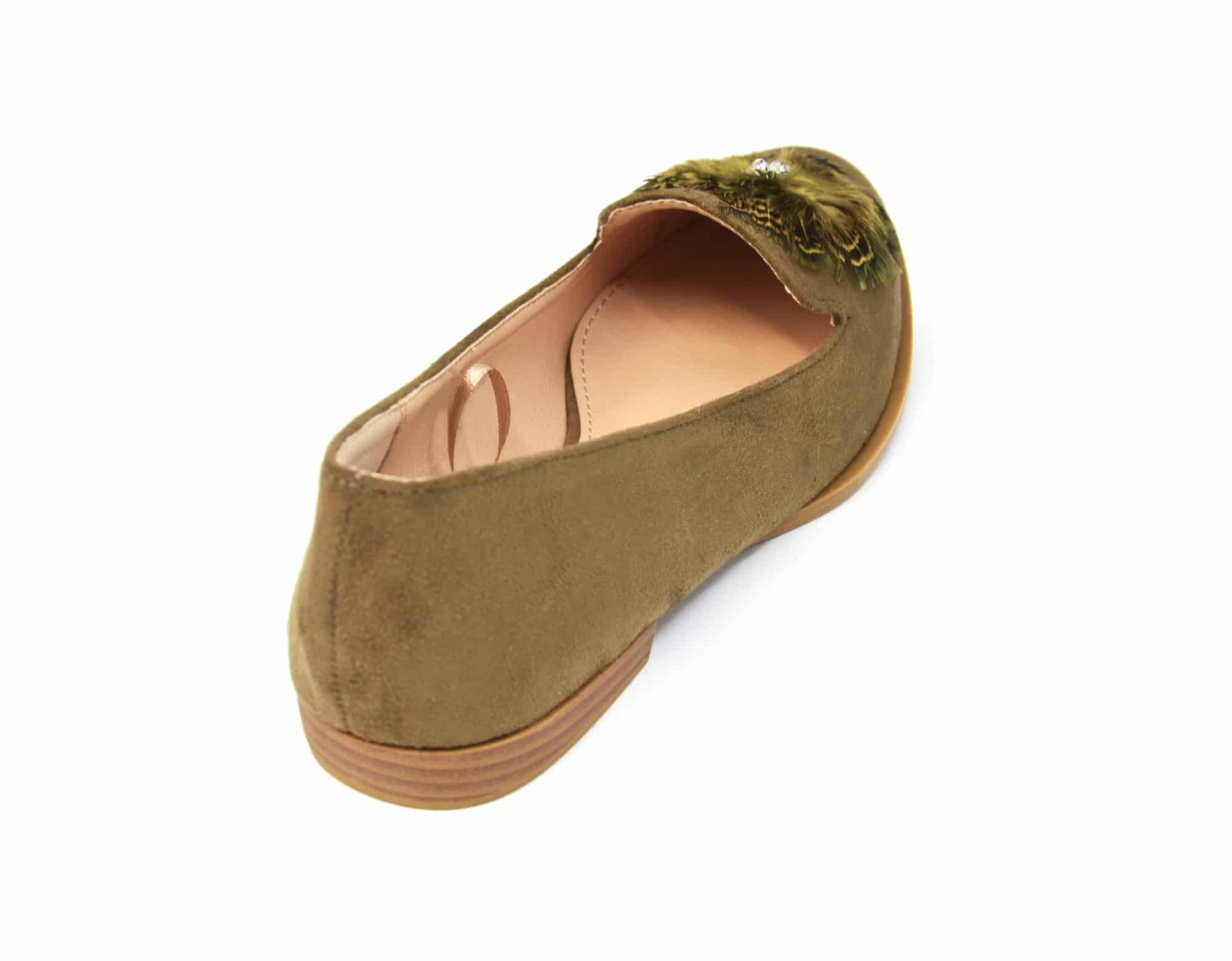 SHP107 * Mocassins Slippers Effet Daim Kaki avec Multi Plumes Paon ...
